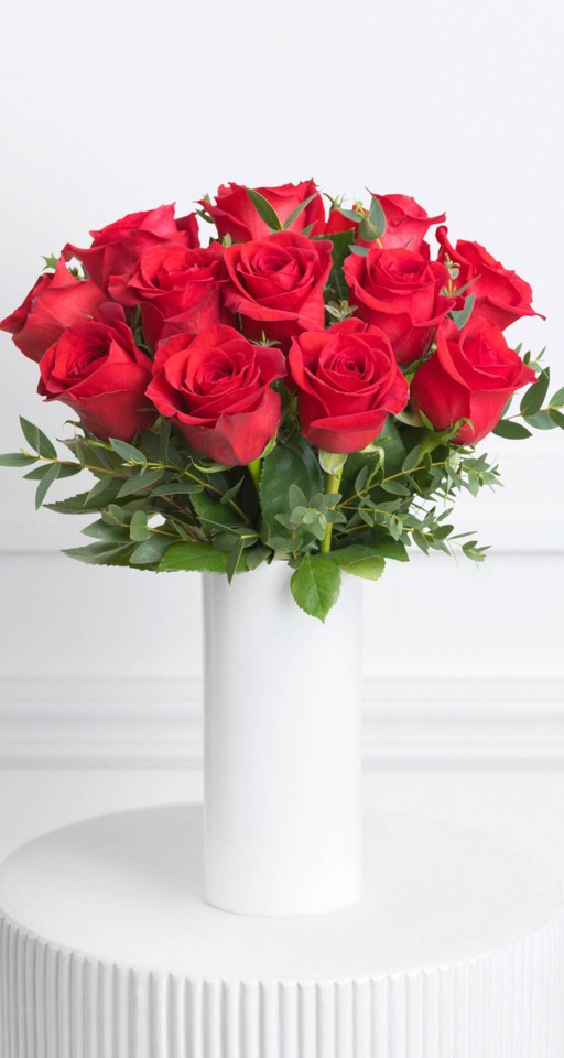 Amour - 12 Red Freedom Roses with Eucalyptus