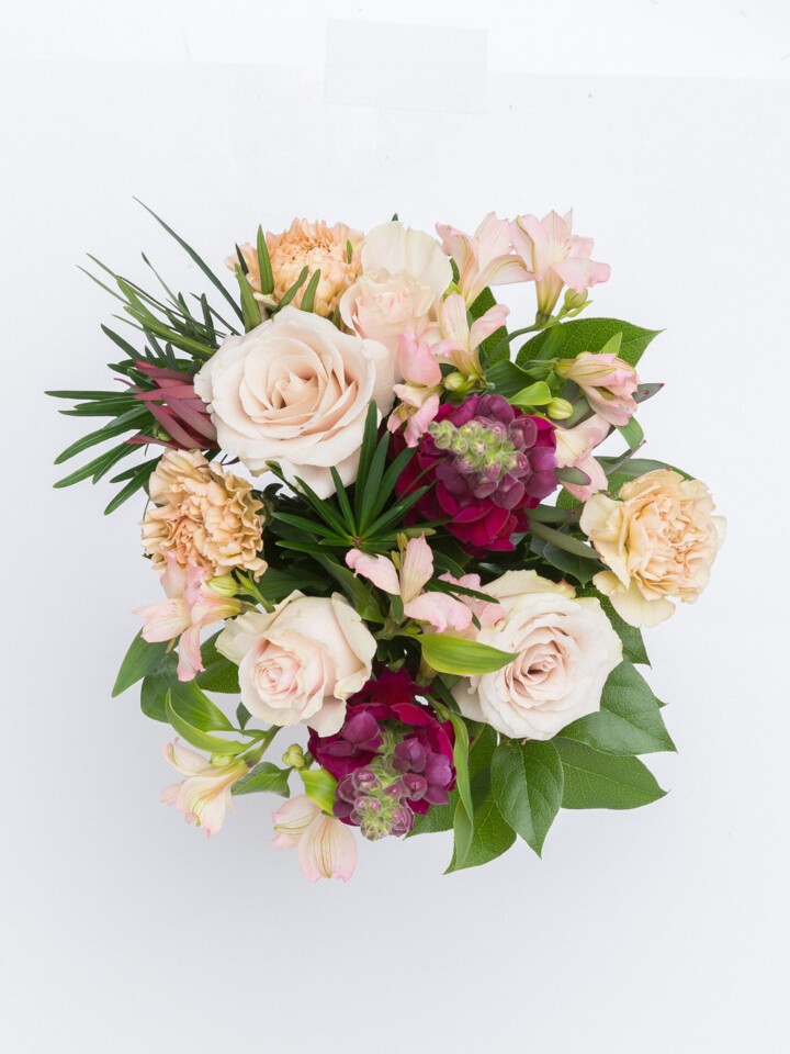 Simone - 15 Stems of Leucadendron, Burgundy Snapdragon, Roses & Carnations